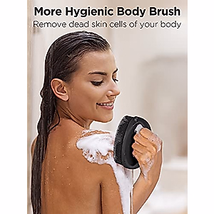 HEETA Hand-Held Body Shower Brush 2-Pack Soft Silicone Body Scrubber for Brushing Gentle Exfoliating Bath Cleansing Bath Brush for Men Women Kids All Kind of Skin (Black & Purple)
