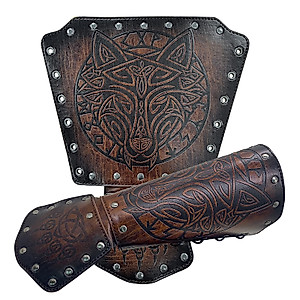 HiiFeuer Viking Fenrir Gauntlet with Embossed Chest Armor and Nordic Wide Belt, Medieval Faux Leather Warrior Set for LARP Ren Faire