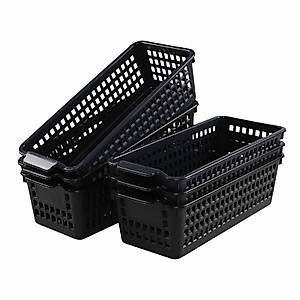 Bringer 6-Pack Slim Plastic Storage Baskets, Black Plastic Rectangle Storage Baskets