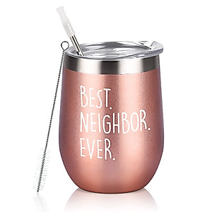Qtencas Best Neighbor Ever Stainless Steel Wine Tumbler, Neighbor Gift Housewarming Gifts Farewell Gift for Neighbors, Moving Going Away, New Home Owner Friends, Neighbor Birthday Christmas Gift, 12oz