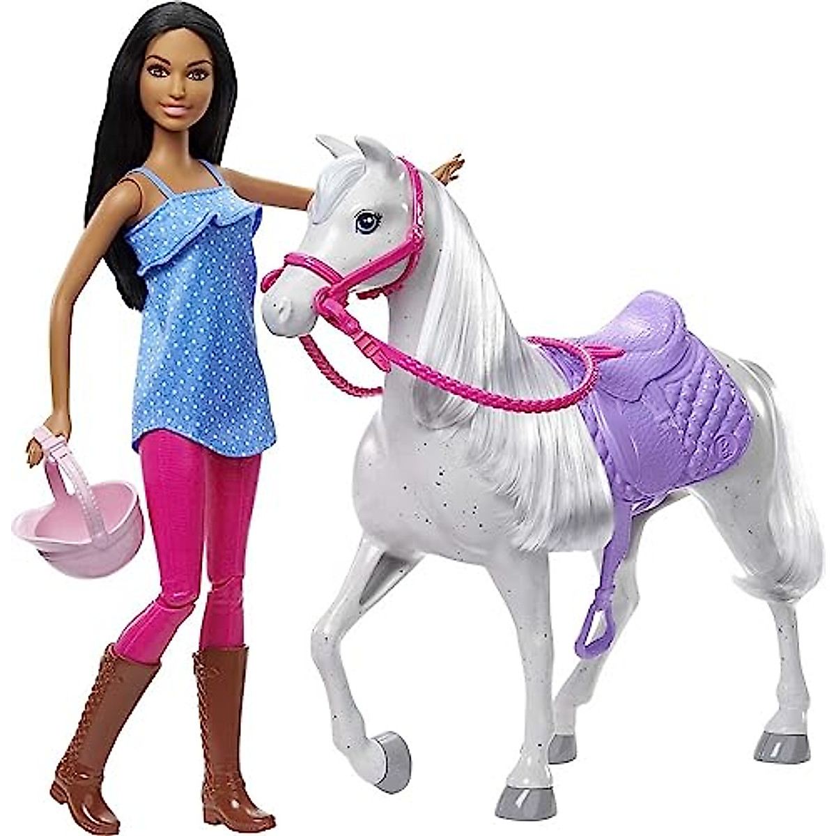 Barbie Doll and Horse, Bendable Brunette Doll with Riding Outfit and Boots, White Horse with Saddle, Bridle and Reins