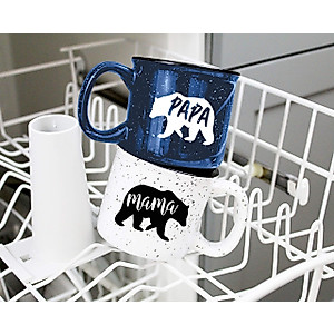 Mama Bear Mug & Papa Bear Mug - 13oz Ceramic Campfire Coffee Mug Set - Pregnancy Announcement New Parents Couples Gifts - Gift Ideas For Expecting Parents (White/Black)