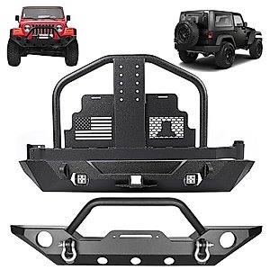 OCPTY Front Bumper and Rear Bumper with and Tire Carrier Fit For 2007-2015 2016 2017 2018 for Jeep Wrangler JK Winch Plate with D-ring with and Tire Carrier Texture Black
