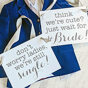 2 Ring Bearer Wedding Signs Slate Ink & Gray Ribbon | Flower Girl Ceremony Banner Classic (We're Still Single + Think We're Cute Wait for the Bride)