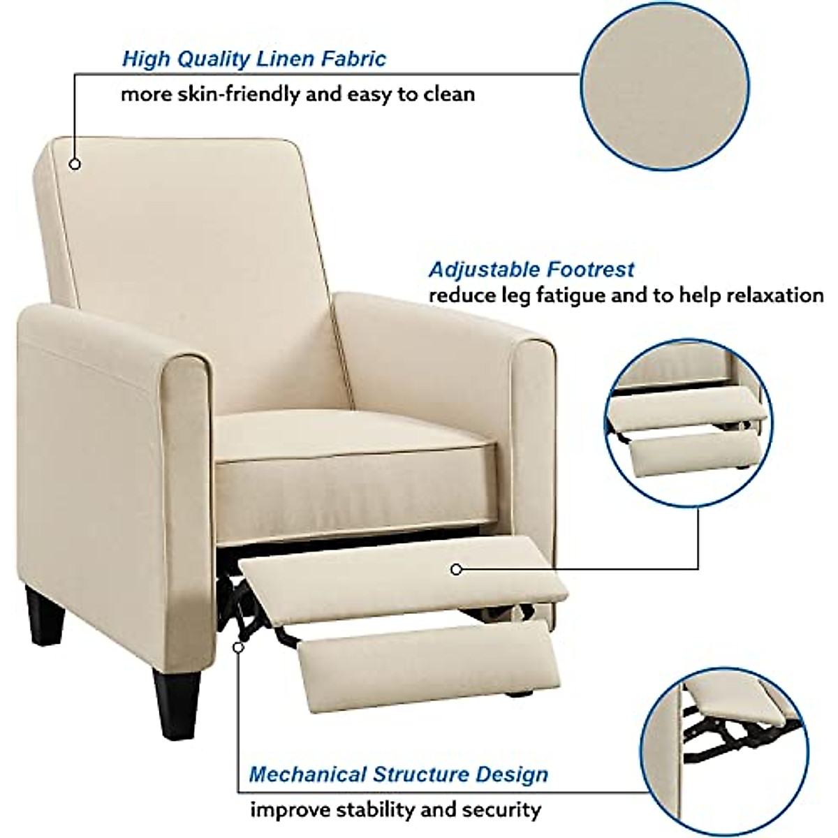 Landon Manual Pushback Recliner Chairs, Customizable Comfort in a Compact Design Reclining Chair, Small Recliners for Small Spaces with Adjustable Footrest, Linen Push Back Recliner Chair – Dark Gray