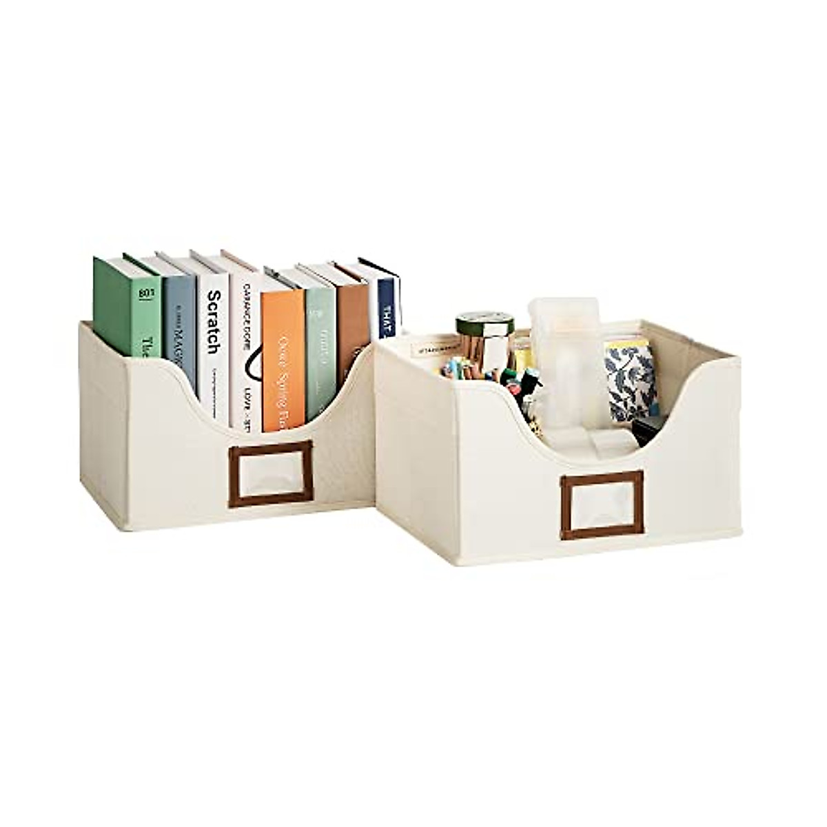 StorageWorks Storage Bins, Foldable Storage Basket for Shelves, Fabric Organizing Bins with Cutout Window and 2 Handles, Beige, 2-Pack