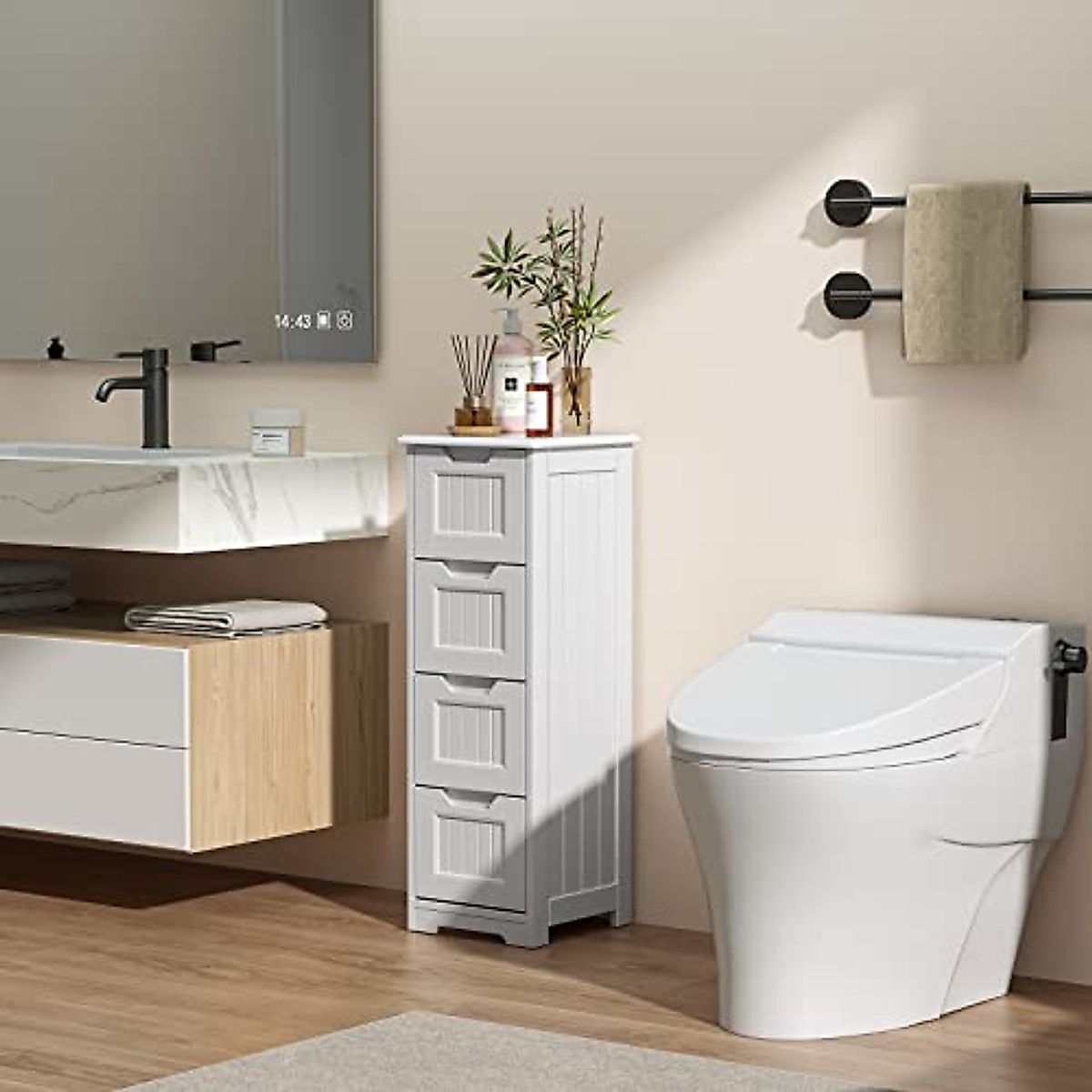 Gizoon Small Bathroom Storage Cabinet Freestanding with Drawers for Narrow Places, 33" Wooden Dresser with 4 Drawers for Bedroom, Chest of Drawers White