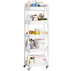 UDEAR 5-Tier Rolling Utility Cart with 12 Category Labels,Multifunctional Storage Shelves with Handle and Lockable Wheels for Room,Office,Kitchen,Bathroom,White
