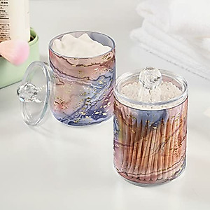 Gold Marble Texture Qtip Dispenser Apothecary Jars Pink Nature Stone Grains Bathroom Qtip Holder Storage Canister Plastic Jar 10 Oz for Cotton Ball Swab Round Pads Floss 4pcs