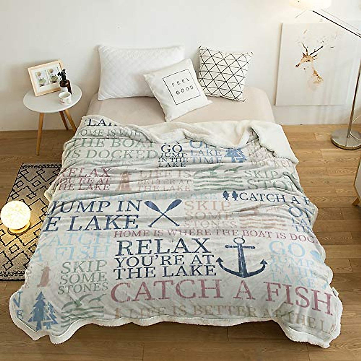 Edwiinsa Ultra Soft Reversible Throw Blankets 50" x 60" Nautical Anchor Lamb Cashmere Blankets for Bed/Couch, Lake Life Sailboat