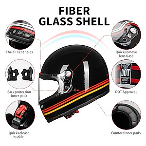 Retro Full Face Helmet A600 Unisex-Adult Old School Full Face Motorcycle Helmet with Graphic Fiberglass Shell DOT Approved Touring Bobber(Red/Yellow, XL)