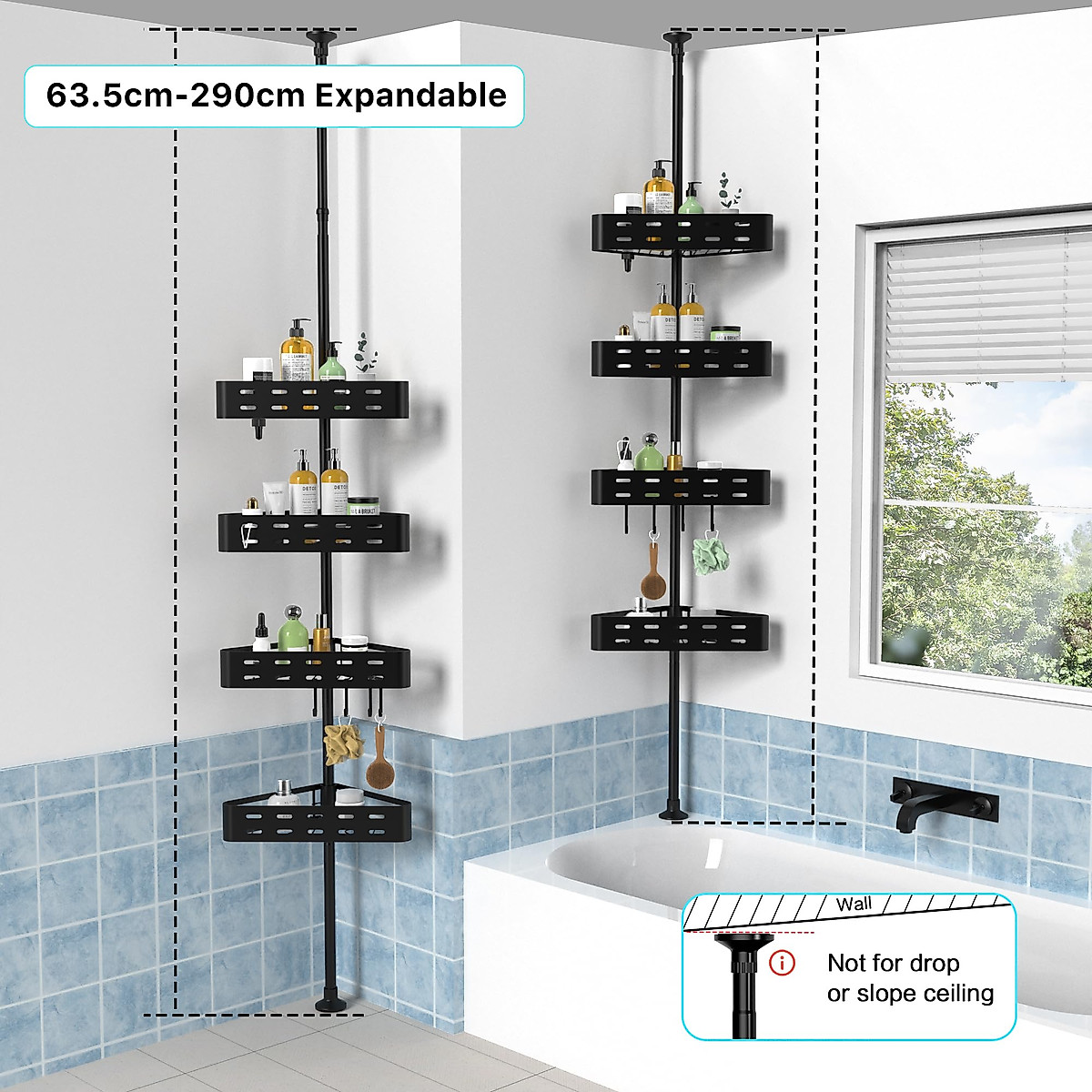 KEGII Shower Caddy Corner Tension Pole - Shower Organizer Rustproof, Black Shower Shelves Free Standing, Inside Shower Rack Shampoo Holder, Shower Storage Adjustable