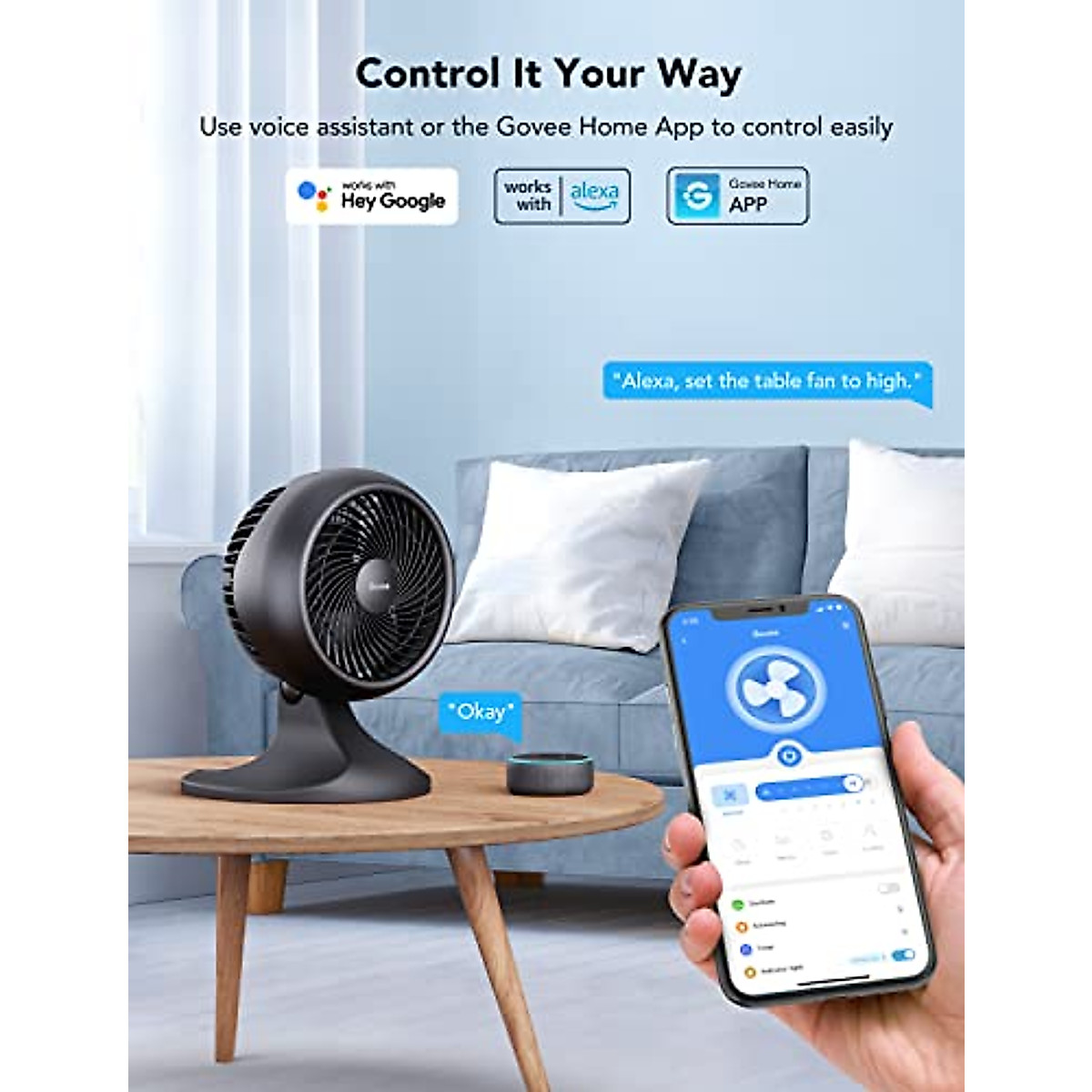 Govee Table Fan for Bedroom, 9" Desk Air Circulator Fan for Whole Room with Temperature Sensor H5100, 8 Speed Settings, 24H Timer, Auto Mode, 27dB Quiet Portable Turbo Force Table Fan for Home Office