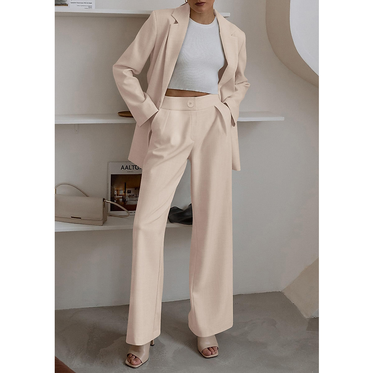 PRETTYGARDEN Women's 2024 Fall Two Piece Outfits Blazer Jacket and Wide Leg Pants Pockets Business Casual Suit Sets (Beige,Small)