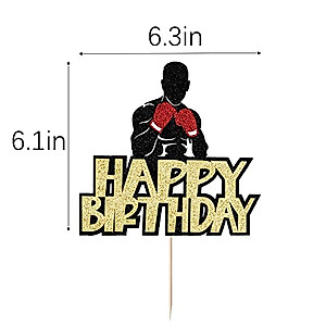Happy Birthday Cake Topper，Black Glitter Boxing Cake Decorations，Sports Birthday Theme Party Cake Decoration Supplies