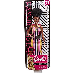 Barbie Fashionistas Doll with Vitiligo and Curly Brunette Hair Wearing Striped Dress and Accessories, for 3 to 8 Year Olds​