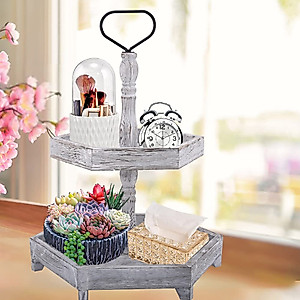 Two Tiered Tray White Farmhouse Decor Trays, Wood Fall Kitchen Decor Tray, 2 Tier Trays Wood Cake Stand Country Decor Tiered Serving Tray Wooden Festival Decorative Tray 19"x15"