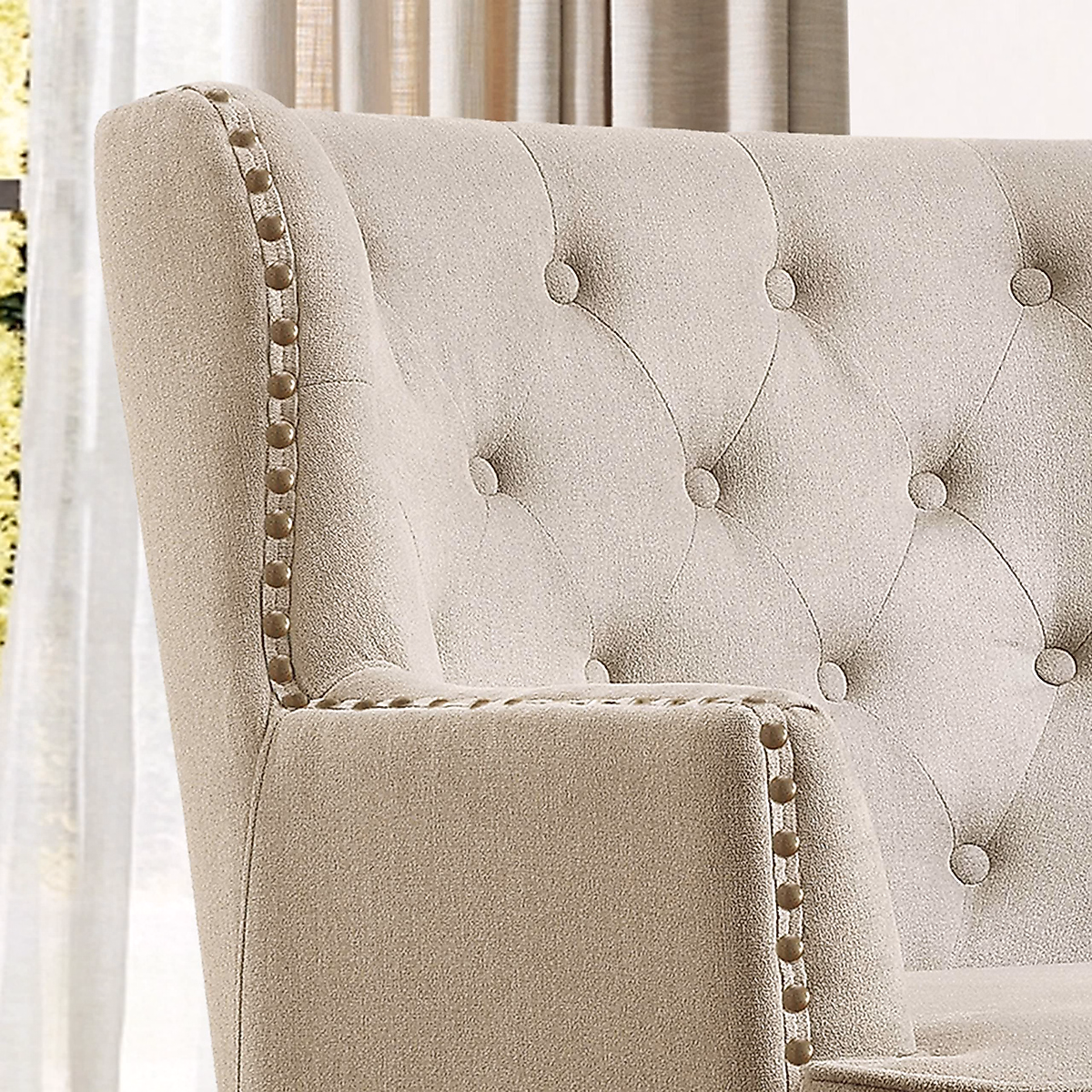 Rosevera Accent Chair and Ottoman Set - Button Tufted Armchair for Living ROM, Bedroom, Reading - Mid-Century Modern Lounge Chair Set - Beige