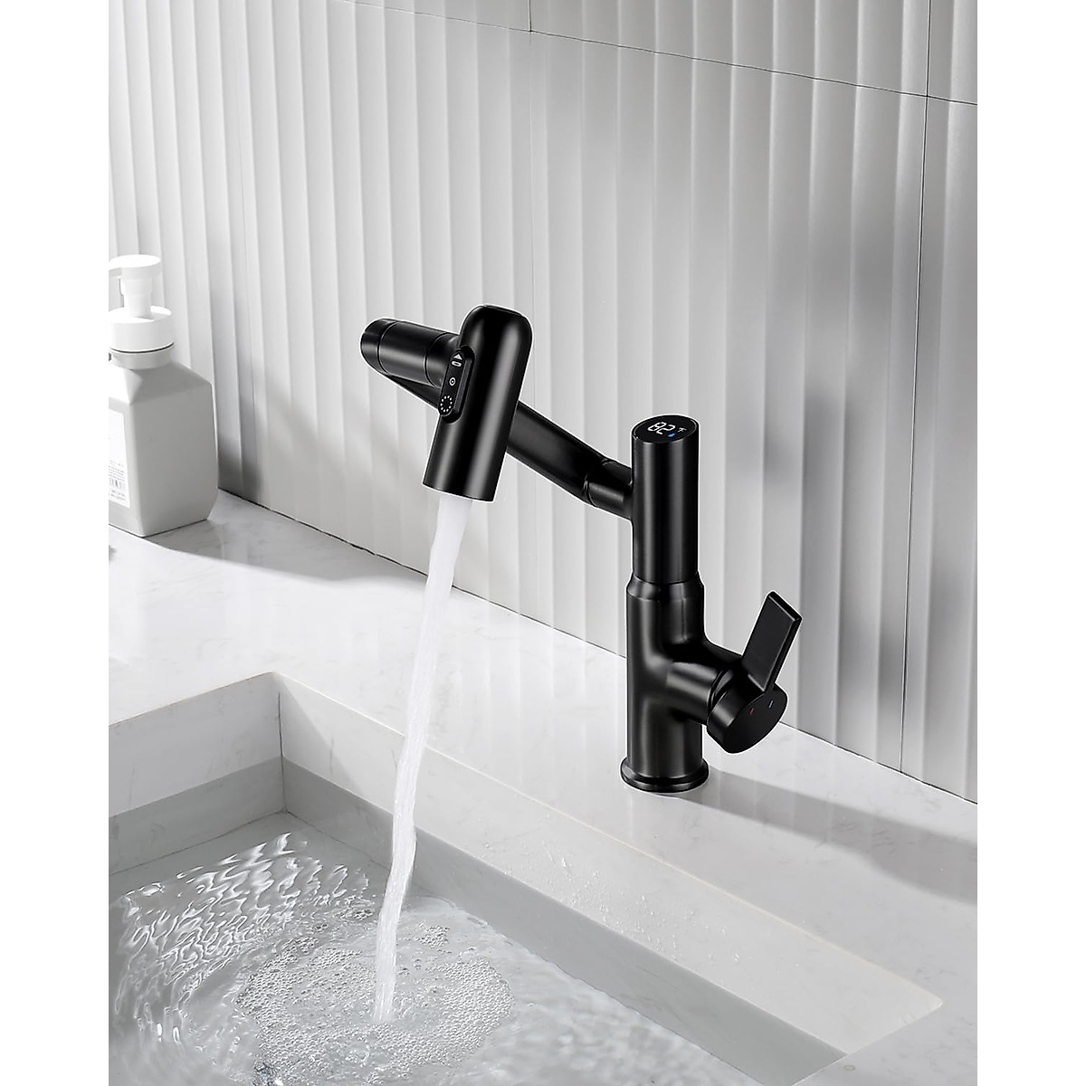 Lefton Rotatable Bathroom Faucet with Temperature Display in Fahrenheit (Batteries-Free), 3 Water Outlet Modes, Matte Black, BF2204-3