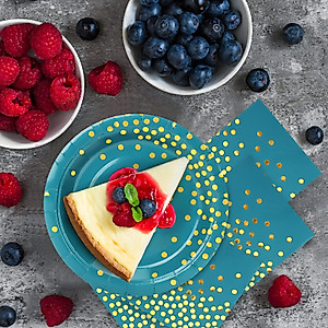 CENLBJ Blue Green Gold Paper Plates and Napkins - 25 x 7'' Dessert plates & 25 x 6.5'' Napkins,Green Paper Plates for Appetizers,Cakes,for Birthday,Father's Day,Independence(Serve 25)