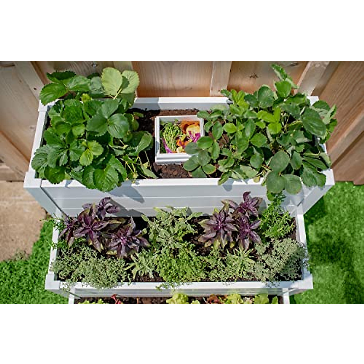 Vita Classic 33 inch x 33 inch Tiered Cascading Keyhole Garden with Composting Basket, White Vinyl, PVC, BPA and Pthalate Free, VT17109