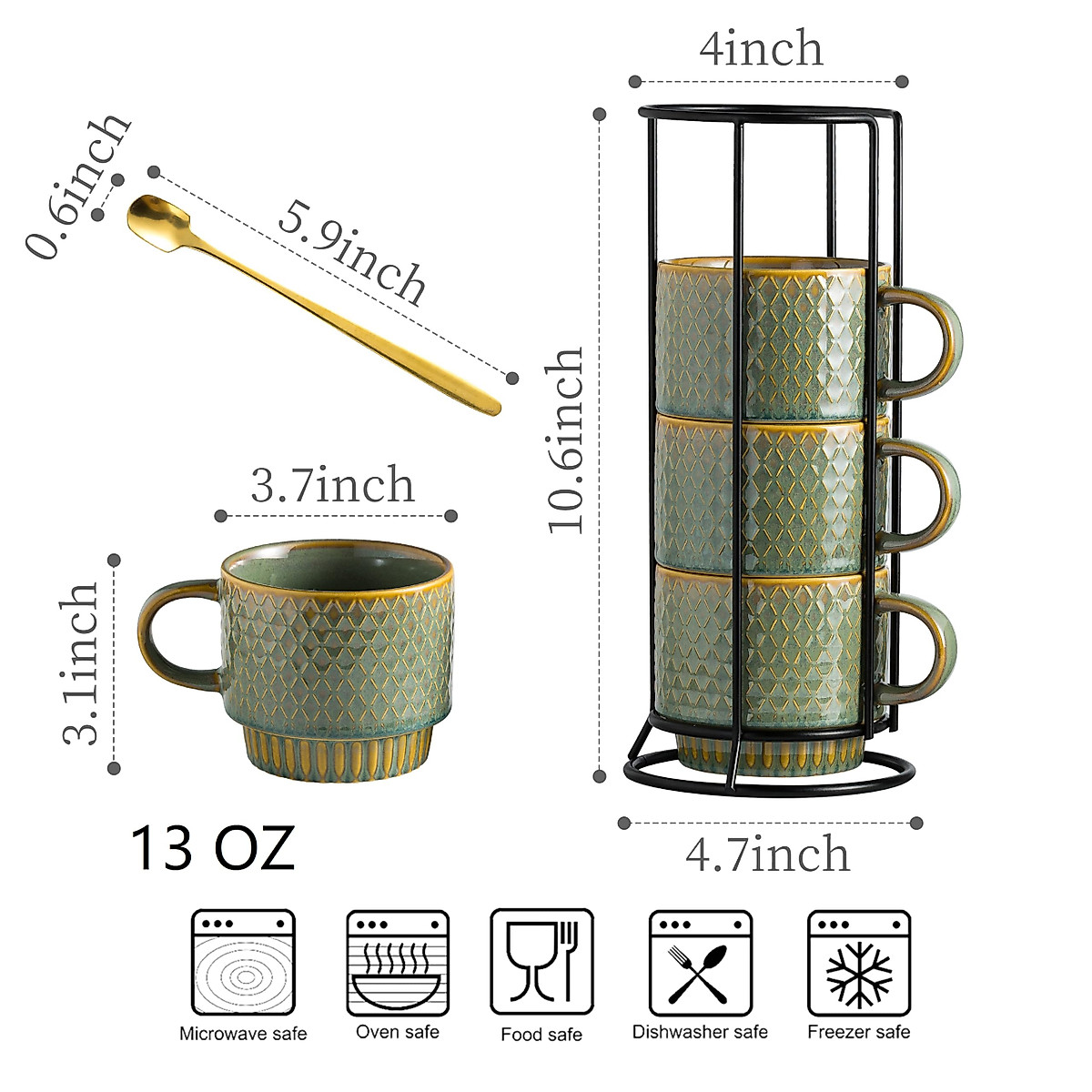 LYEOBOH Coffee Mug, Coffee Mugs Set of 4, Stackable Coffee Mugs with Rack and Spoons - 13 Oz Coffee Cup Set with Stand, Ceramic Coffee Mugs for Home & Kitchen, Blue and Green