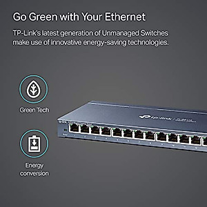 TP-Link 16 Port Gigabit Ethernet Network Switch, Desktop/ Wall-Mount, Fanless, Sturdy Metal w/ Shielded Ports, Traffic Optimization, Unmanaged (TL-SG116) Black