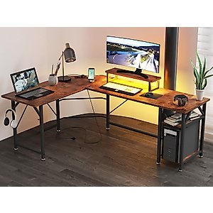 SZXKT L Shaped Gaming Desk with Power Outlets and Monitor Stand, Computer Desk with LED Lights,Home Office Desks Large Writing Study Table Workstation with Hooks Desk for Bedroom, Rustic Brown