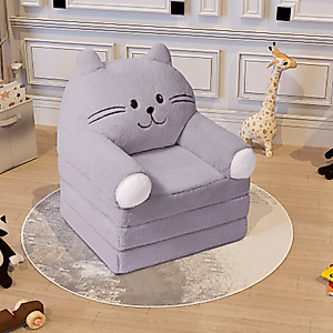 Nebuaegis Kids Sofa Chair for Toddler, 2-in-1 Folding Soft Baby Couch with Removable Cover, Comfy Plush Children's Recliner, Convertible Floor Sofa Bed to Lounger for Girls Boys Age 1-3,Cat Grey