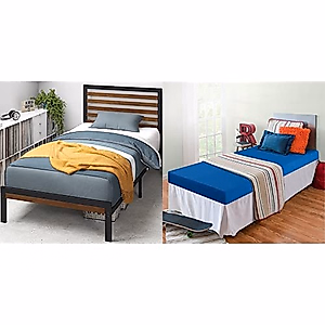 Bundle of Zinus Kai Bamboo and Metal Platform Bed Frame with Headboard / No Box Spring Needed / Easy Assembly, Twin + Zinus Memory Foam 5 Inch Bunk Bed / Trundle Bed / Day Bed / Twin Mattress, Blue