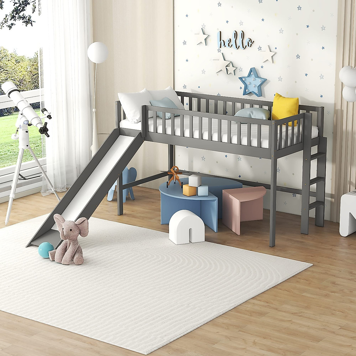 Bellemave Twin Size Low Loft Bed with Slide Wood Junior Loft Beds Frame with Ladder and Guardrails for Kids Boys Girls, Gray, Gray With Slide