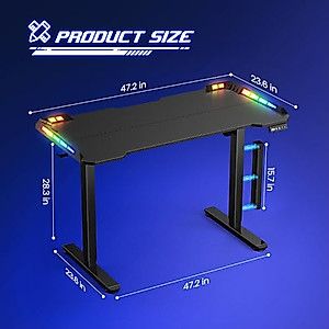 Gaming Desk with LED Lights & APP Control, 48" x 24" Gaming Table with Music Sensing, Underdesk Cable Storage Electric Standing Desk, Black Carbon Fiber PC Desk for Gaming and Home Office