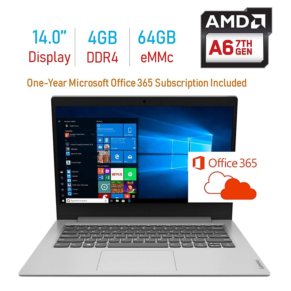 Lenovo IdeaPad 14.0-inch Laptop PC, 7th Gen AMD A6-9220e up to 2.4GHz, 4GB RAM, 64GB Flash Storage, HDMI, WiFi, Bluetooth, AMD Radeon R4, One-Year Office 365 Included, Up to 8Hrs Battery, Windows 10