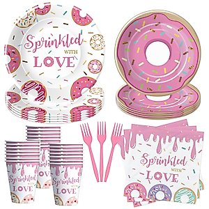 Suhelkit Donut Baby Sprinkle Decorations Tableware Girl - Sprinkled with Love Baby Shower Decorations Party Supplies, Paper Plate, Napkin, Cup, Fork, Pink Donut Baby Shower Decorations | 24 Guests