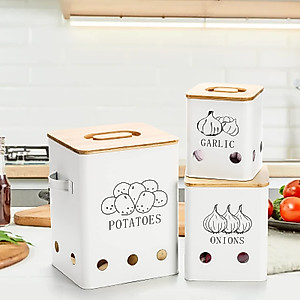 WUWEOT 3 Pack Vegetable Storage Tins, Metal Onion Garlic Potato Jars Set, Kitchen Canisters Vegetable Keeper Containers with Aerating Holes and Wooden Lid
