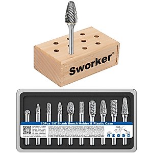 10 Pcs 1/4 Carbide Burr Set 1/4 Shank w/Big Beech Holder Die Grinder Bits Drill Bits Grinding Bits for Metal Rotary Tool Attachment Accessories Rasp Weld Wood Stone Compatible with Milwaukee Dewalt