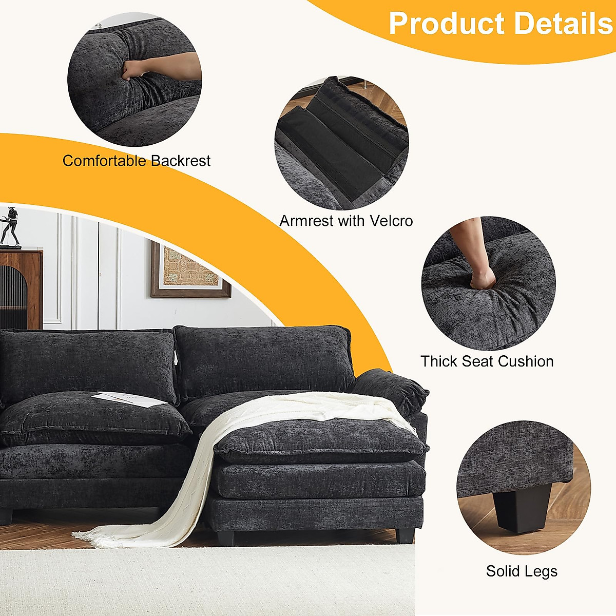 Karl home Sectional Sofa Modular Deep Seat Sofa Couch with Ottoman, Chenille Sofa Sleeper Comfy Upholstered Furniture for Living Room, Apartment, Studio, Office, (2-Seat & 1-Ottoman, Black)
