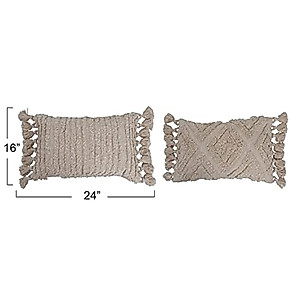 Creative Co-Op Woven Cotton Slub Lumbar Tufted Design and Tassels, Set of 2 Pillows, 24" L x 16" W x 0" H, Cream