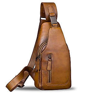 Genuine Leather Sling Bag for Men Chest Shoulder Crossbody Hiking Backpack Vintage Handmade Daypack (Brown)