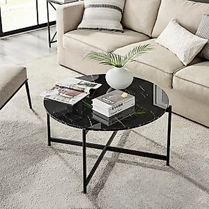 Danya B. Round Contemporary Marble Finish Veneer Top Black Metal Large Coffee Table - White or Black Marble (Black Marble)