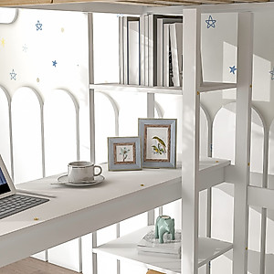 HZHOME Full Loft Bed with Desk and Shelves,White