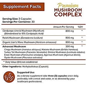 NutriFlair Mushroom Supplement 2600mg, 90 Capsules - 10 Mushrooms Blend - Reishi, Lions Mane, Cordyceps, Chaga, Turkey Tail, Maitake, Shiitake, Oyster Nootropic Complex - Brain, Energy, Focus Pills