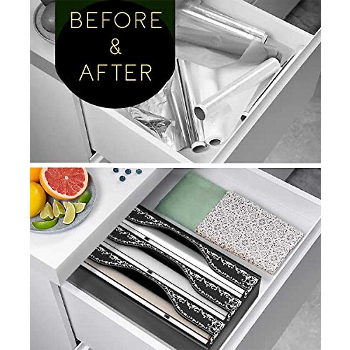 Extra Long Foil and Plastic Wrap Organizer for 15" Rolls, 3 in 1 Plastic Wrap Dispenser with Cutter, Aluminum Foil Organization And Storage, Parchment, Wax Paper Dispenser for Drawer