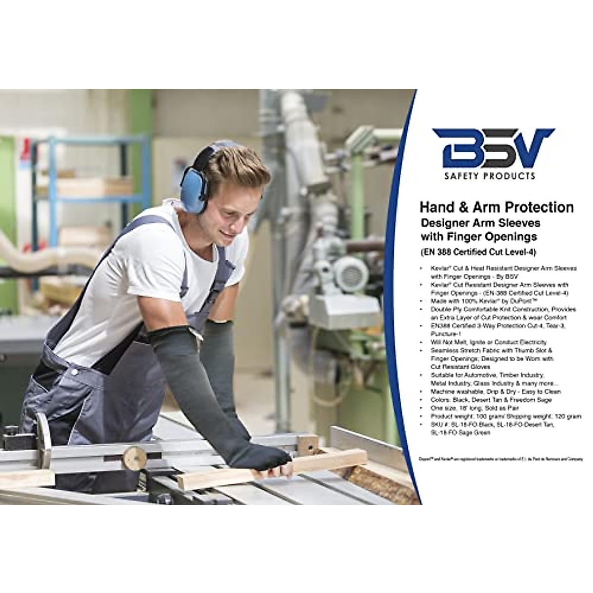 BSV Kevlar Cut, Scratch, Stab, Bite, Heat Resistant Mechanic Arm Protection Sleeves with Finger Opening -Unisex- 18 Inches, Black,1 Pair