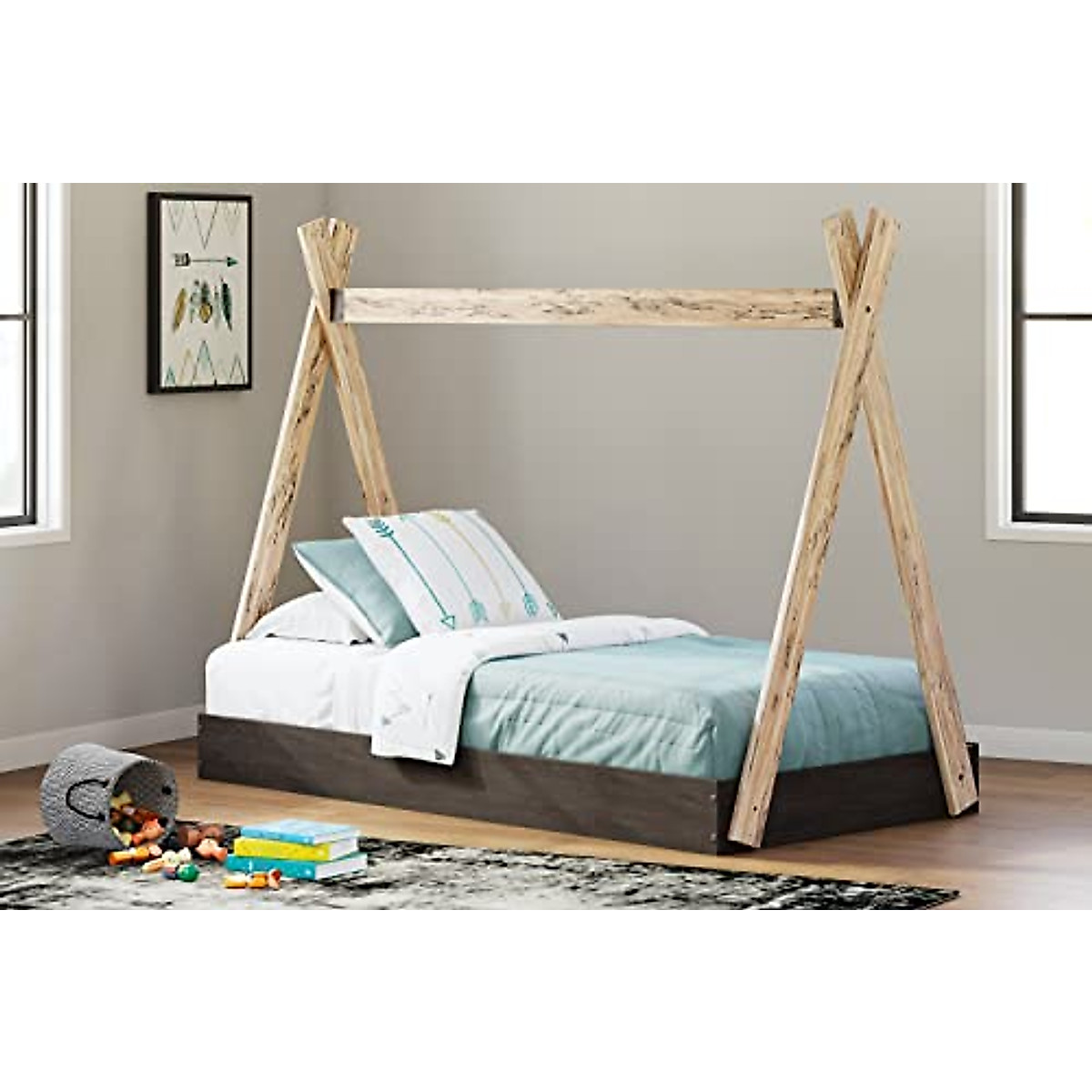 Signature Design by Ashley Piperton Modern Youth Tent Bed Frame, Twin, Natural Wood & Black