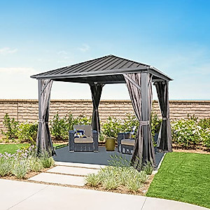 Ulax Furniture Outdoor Hardtop Gazebo Patio Aluminum Permanent Pergola with Galvanized Steel Roof, Mosquito Net and Privacy Curtain (10' x 10')