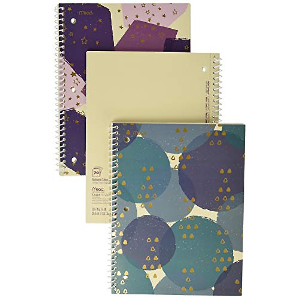 Mead Spiral Notebooks, 1 Subject, College Ruled Paper, 70 Sheets, 10-1/2" x 7-1/2", Shape It Up, Design May Vary, 3 Pack (38191)