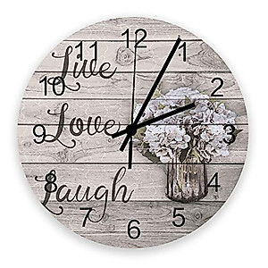 BABE MAPS Live Love Laugh Wooden Round Wall Clock 12 Inch Silent Non-Ticking Battery Operated Wall Clocks Wall Decor for The Kitchen, Living Room Vintage Hydrangea Flowers on Wooden Plank