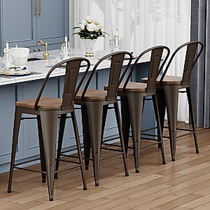 Yongqiang 30 inch Metal Bar Stools Set of 4 Bar Height Stools Kitchen Island Barstools High Back Bar Chairs with Large Wooden Seat Industrial Rusty