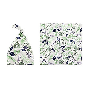 Terriboo Baby Receiving Blanket Newborn Wrap for Baby Girl and Boy Leaf Printed Swaddle Beanie Set (Green)